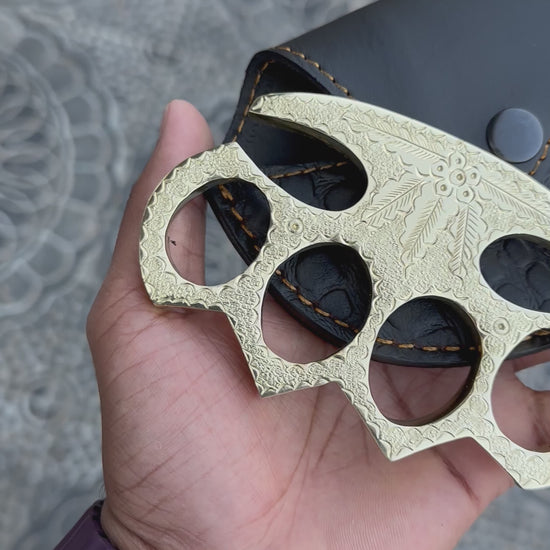 Antique Brass Engraved Brass Knuckles Solid Brass With Leather Case